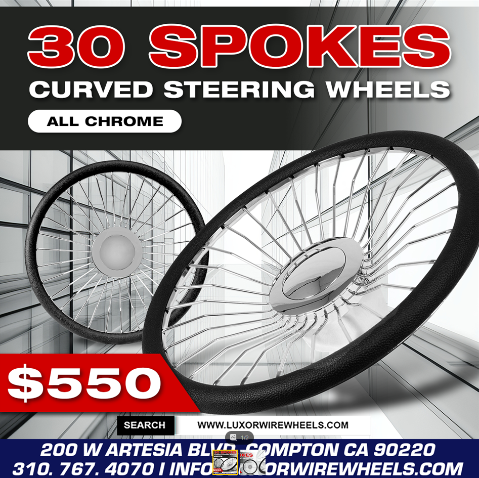 30 Curved Spokes Steering Wheel Chrome Luxor Wire Wheels